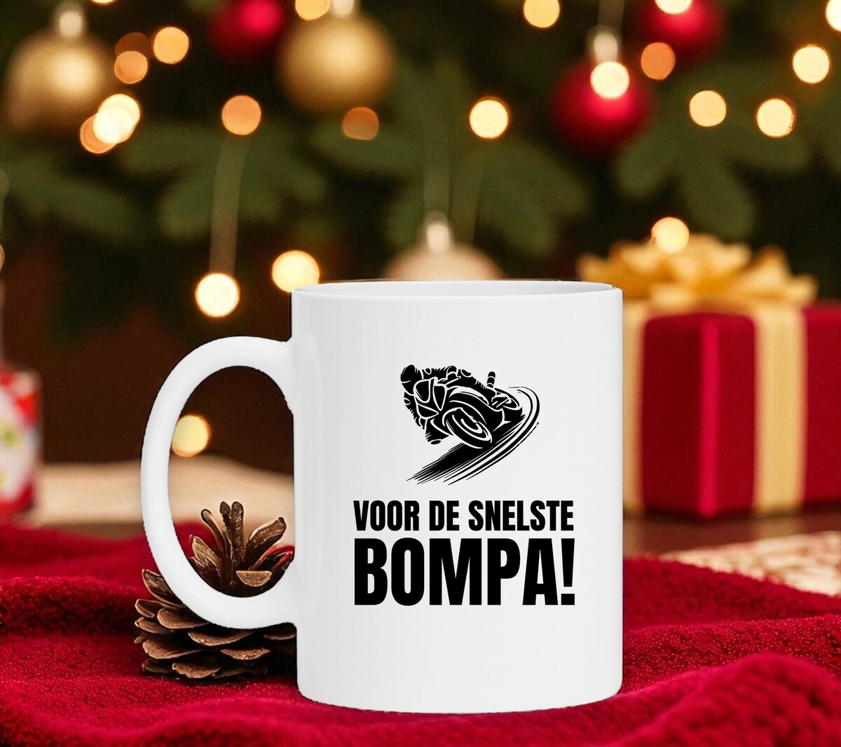 Mok voor de snelste bompa. Een bompa die motor rijd